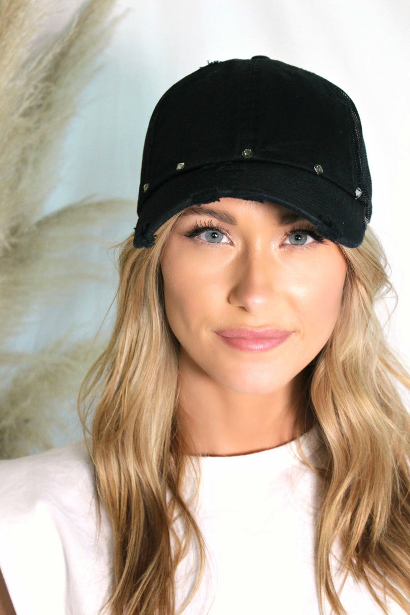 Vintage Distressed Black Ball Cap in 2 Styles – Glitzy Bella